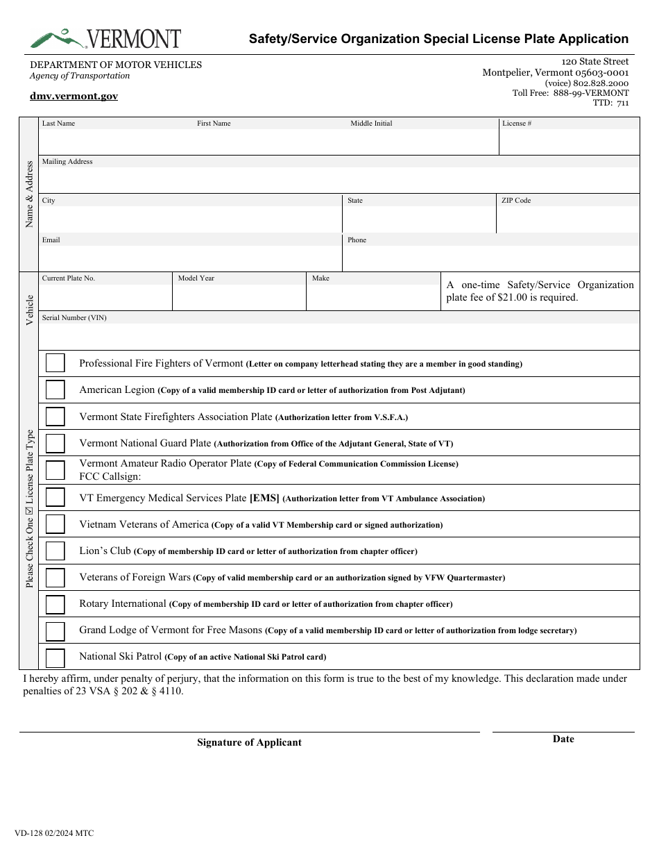 Form VD-128 Download Fillable PDF or Fill Online Safety/Service ...
