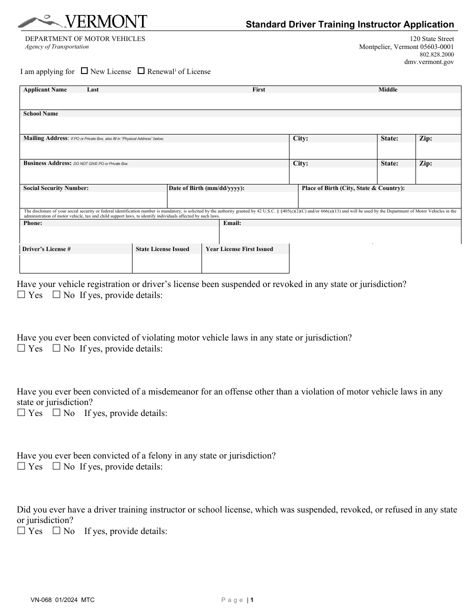 Form VN-068 - Fill Out, Sign Online and Download Fillable PDF, Vermont ...