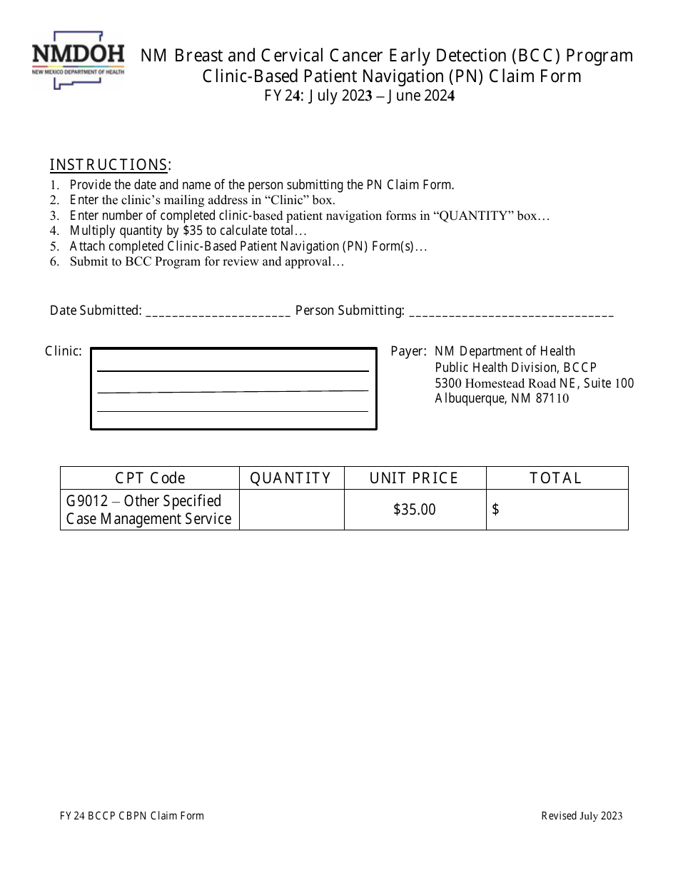 2024 New Mexico Clinic-Based Patient Navigation (Pn) Claim Form - Nm ...