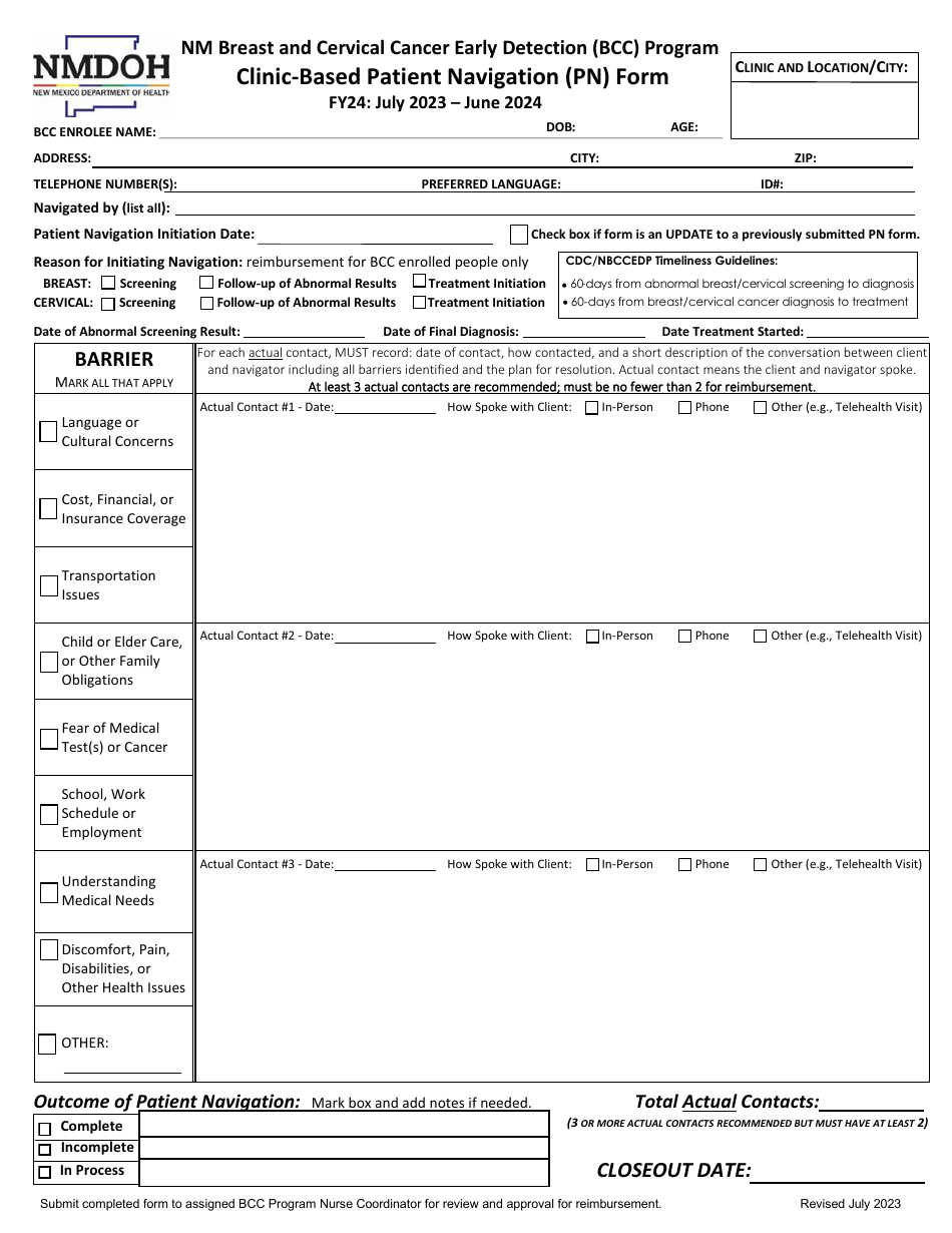 2024 New Mexico Clinic-Based Patient Navigation (Pn) Form - Nm Breast ...