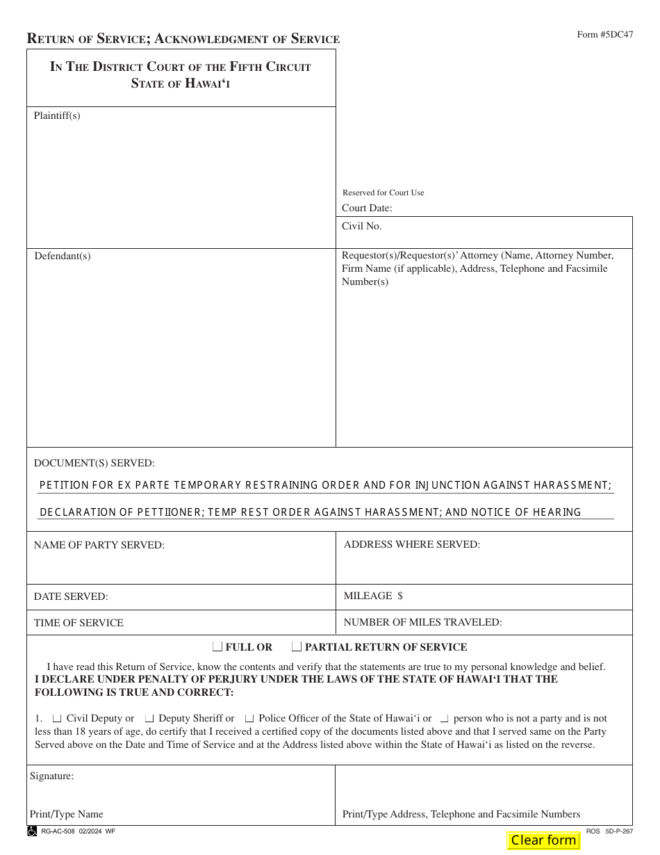 Form 5DC47 Download Fillable PDF or Fill Online Return of Service ...