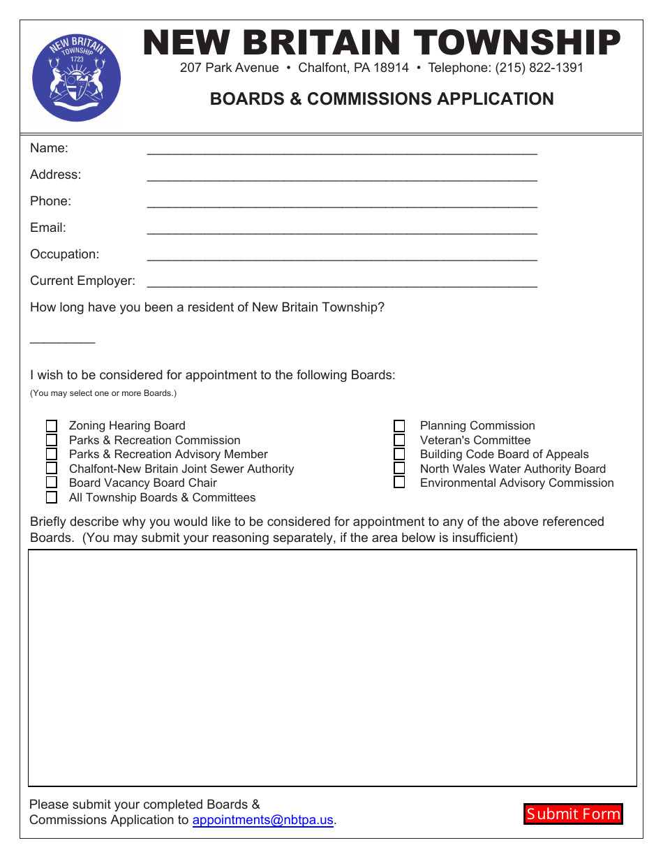 New Britain Township, Pennsylvania Boards and Commissions Application ...