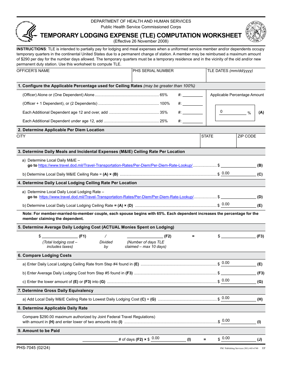 Form PHS-7045 Download Fillable PDF or Fill Online Temporary Lodging ...