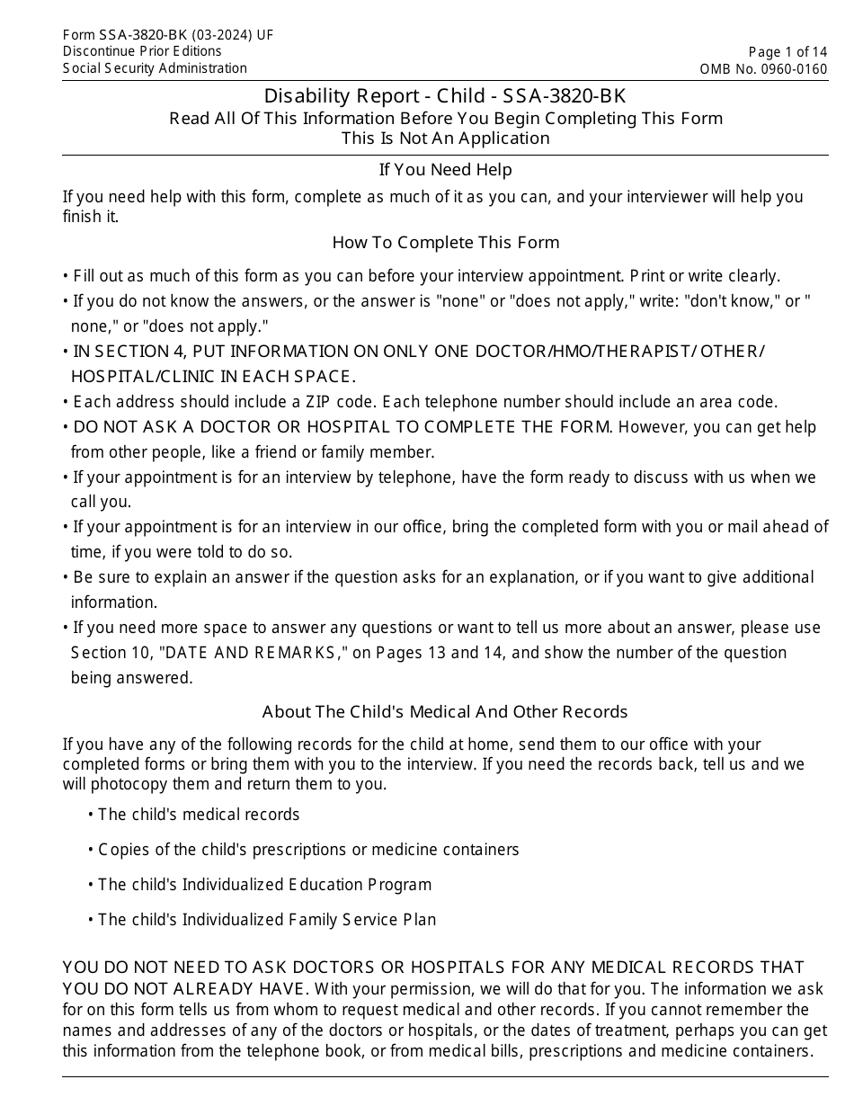 Form SSA-3820-BK Download Fillable PDF or Fill Online Disability Report ...