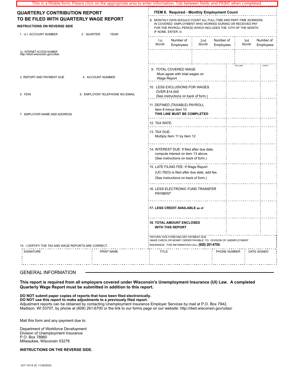 Form UCT-101-E Download Fillable PDF or Fill Online Quarterly ...
