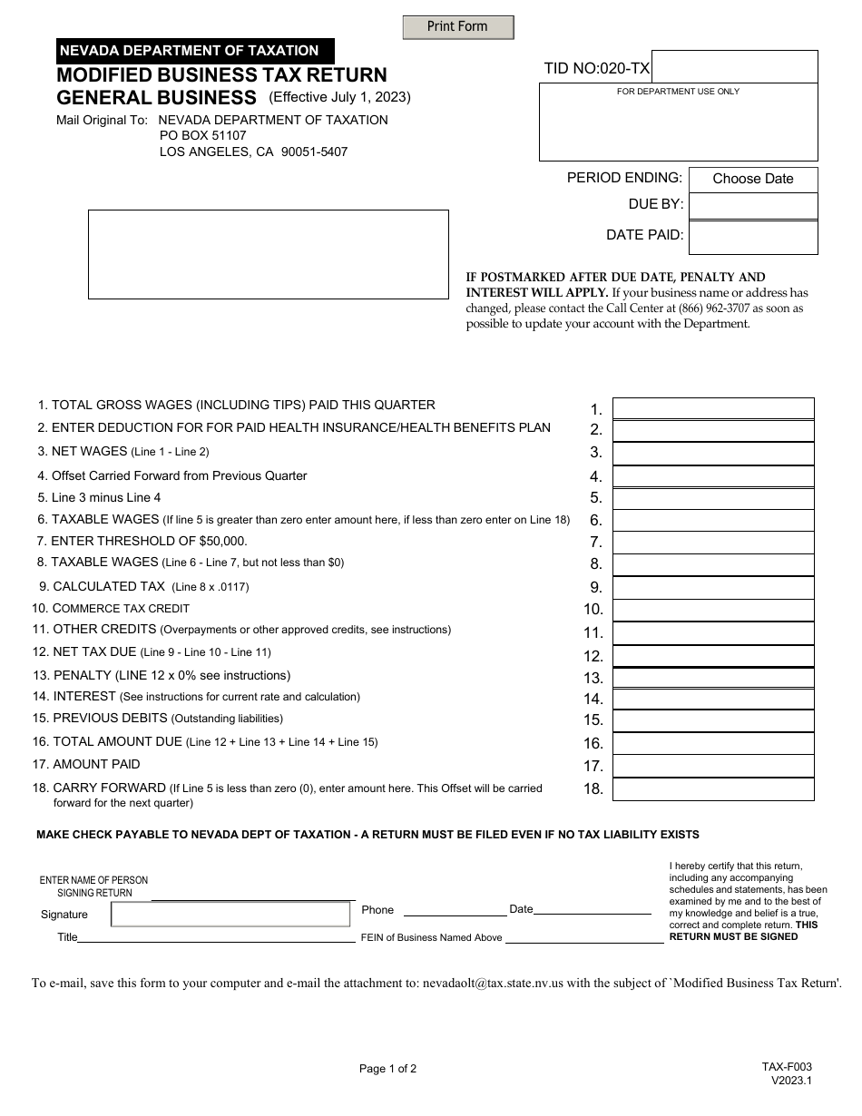 Form TAX-F003 - Fill Out, Sign Online and Download Fillable PDF, Nevada ...