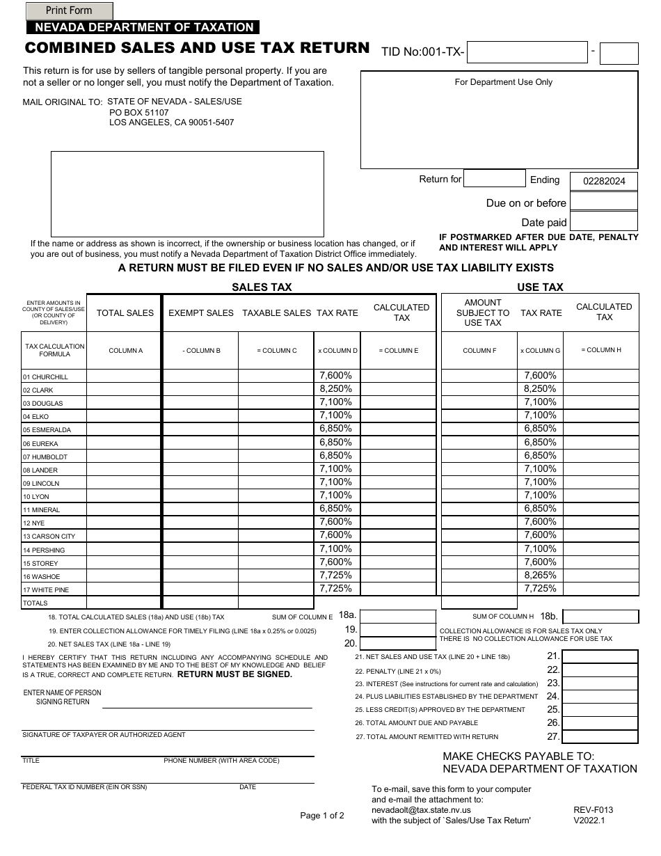 Form REV-F013 - Fill Out, Sign Online and Download Fillable PDF, Nevada ...