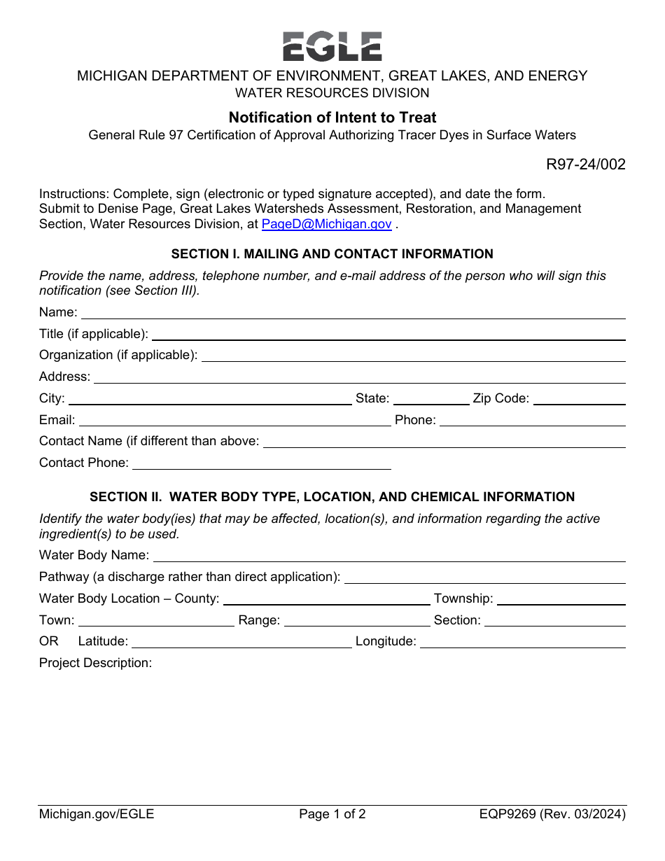 Form EQP9269 Download Fillable PDF or Fill Online Notification of Intent to Treat, Michigan 2021 ...