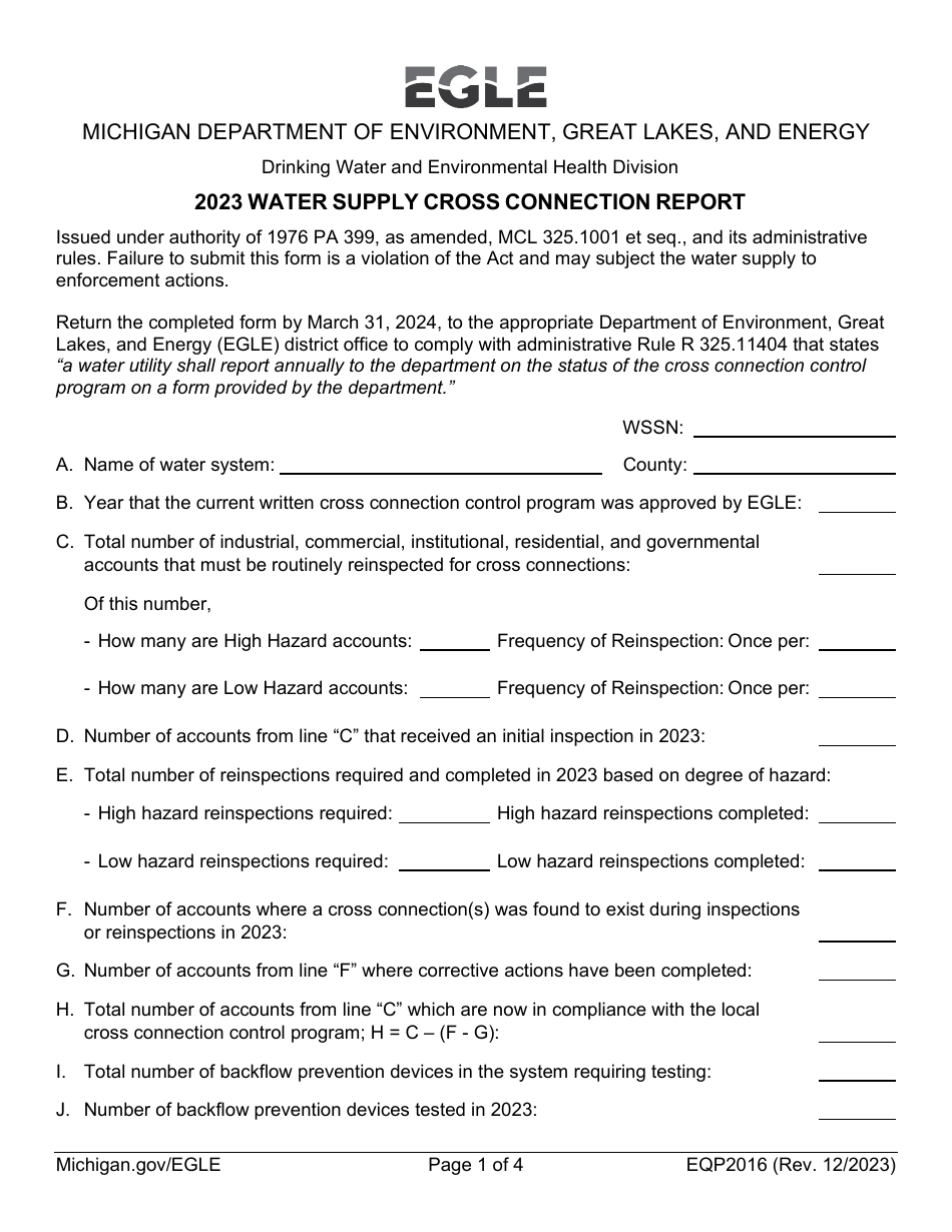 Form EQP2016 Download Fillable PDF or Fill Online Water Supply Cross ...