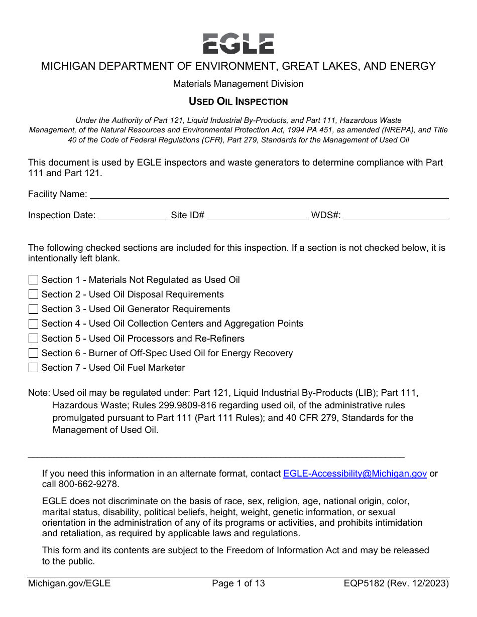 Form EQP5182 Download Fillable PDF or Fill Online Used Oil Inspection ...