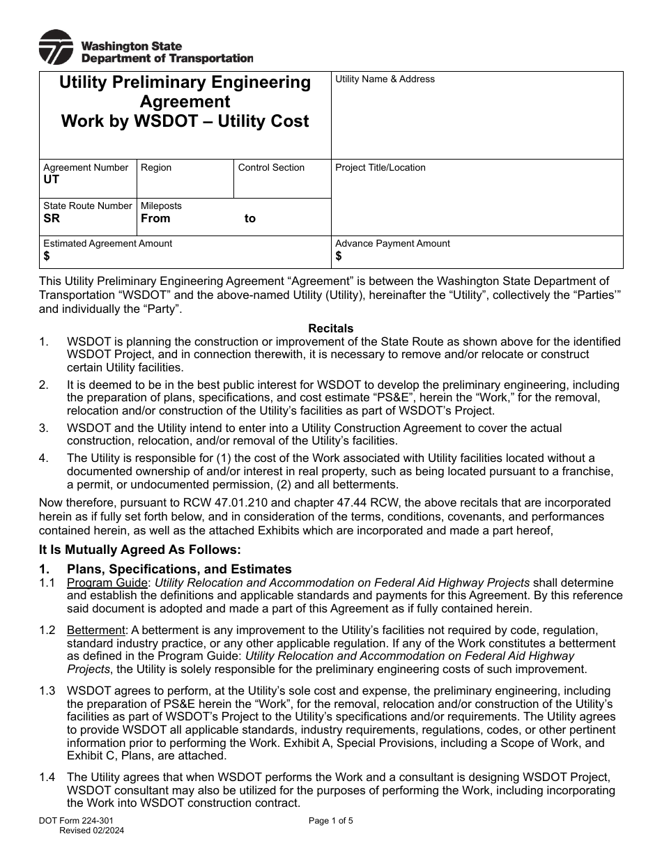 DOT Form 224-301 Download Fillable PDF or Fill Online Utility ...