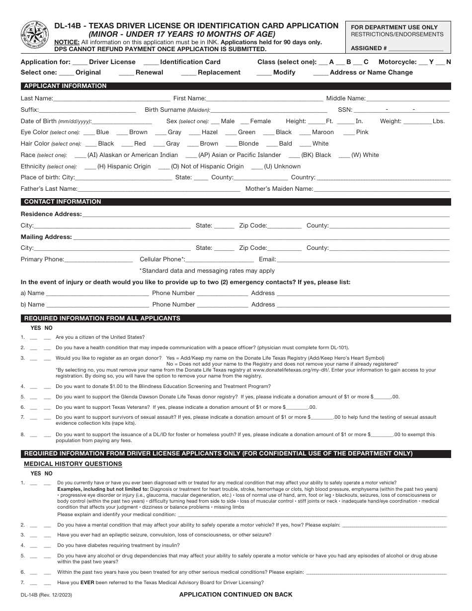 Form DL-14B Download Printable PDF or Fill Online Texas Driver License ...