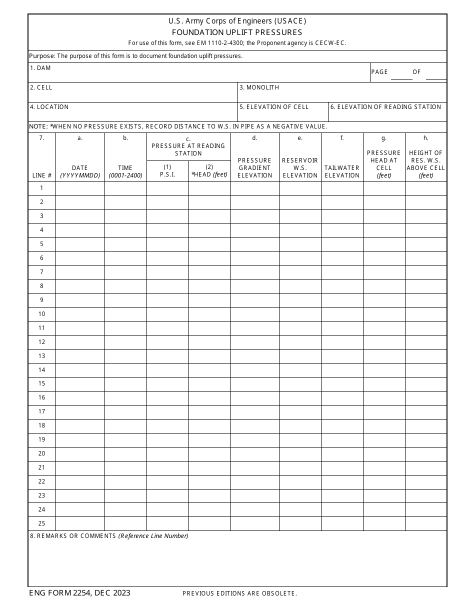 ENG Form 2254 Download Fillable PDF or Fill Online Foundation Uplift ...