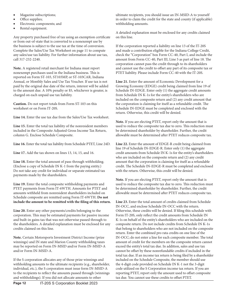 Download Instructions for Form IT-20S, State Form 10814 Indiana S ...