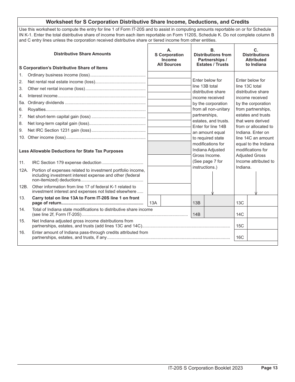 Download Instructions for Form IT-20S, State Form 10814 Indiana S ...