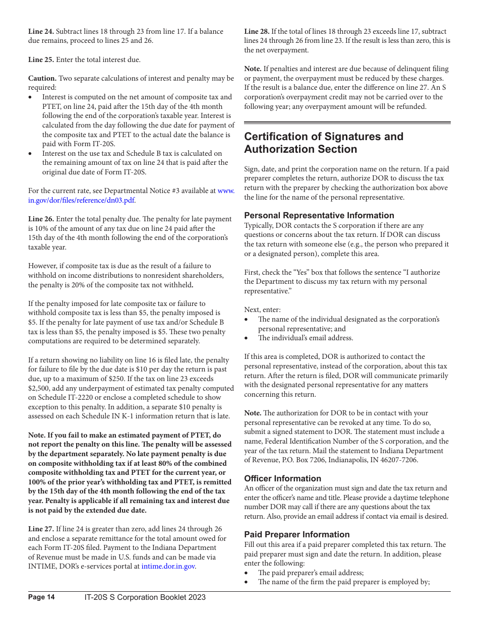 Download Instructions for Form IT-20S, State Form 10814 Indiana S ...