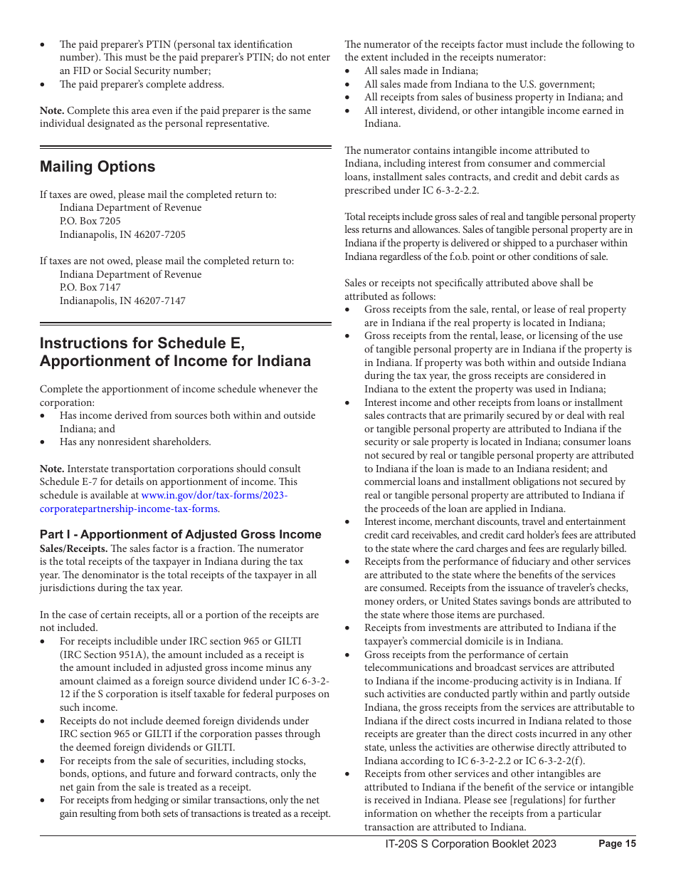 Download Instructions for Form IT-20S, State Form 10814 Indiana S ...