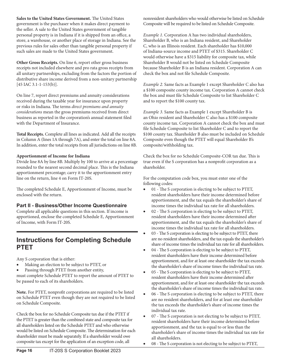 Download Instructions for Form IT-20S, State Form 10814 Indiana S ...