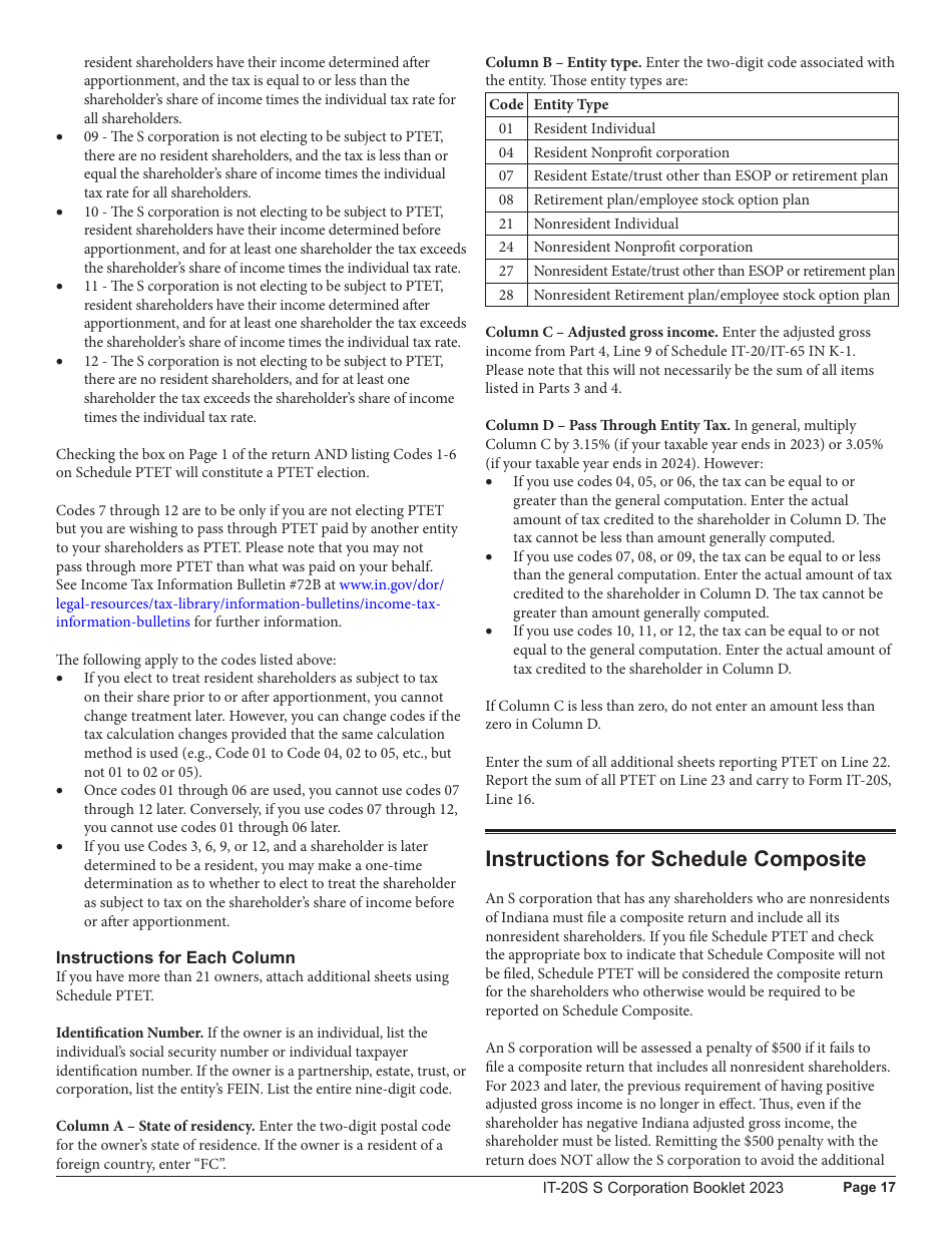 Download Instructions for Form IT-20S, State Form 10814 Indiana S ...