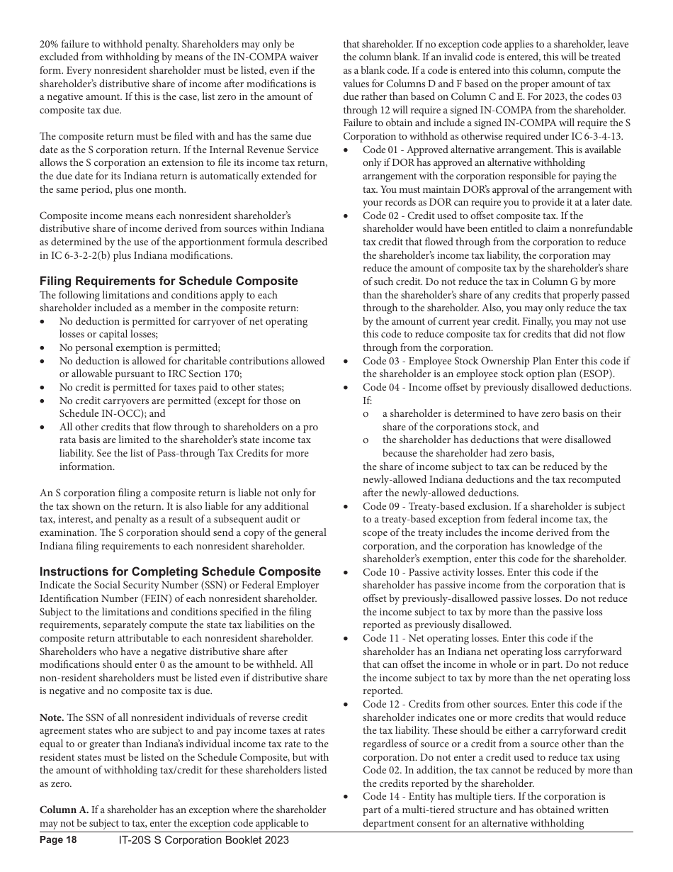 Download Instructions for Form IT-20S, State Form 10814 Indiana S ...