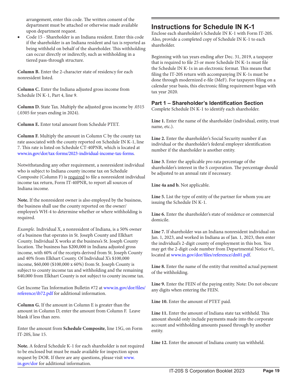 Download Instructions for Form IT-20S, State Form 10814 Indiana S ...