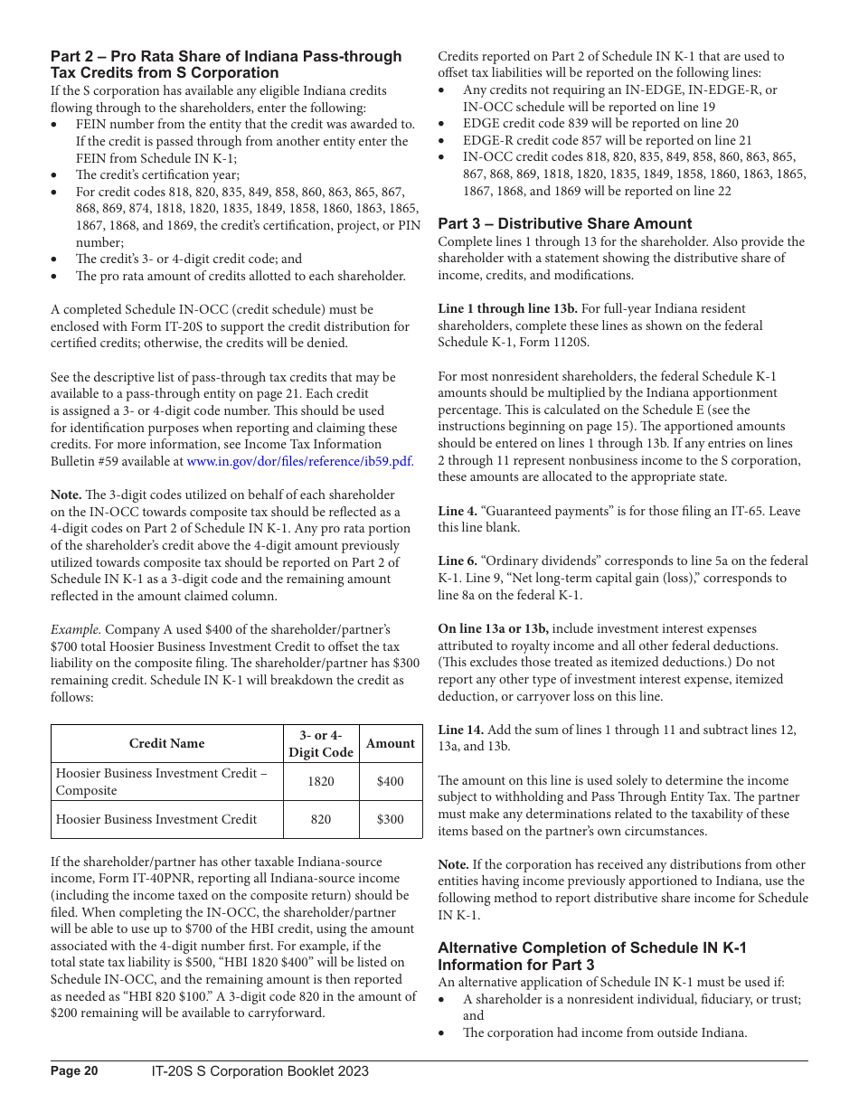 Download Instructions for Form IT-20S, State Form 10814 Indiana S ...