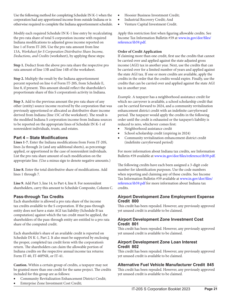 Download Instructions for Form IT-20S, State Form 10814 Indiana S ...