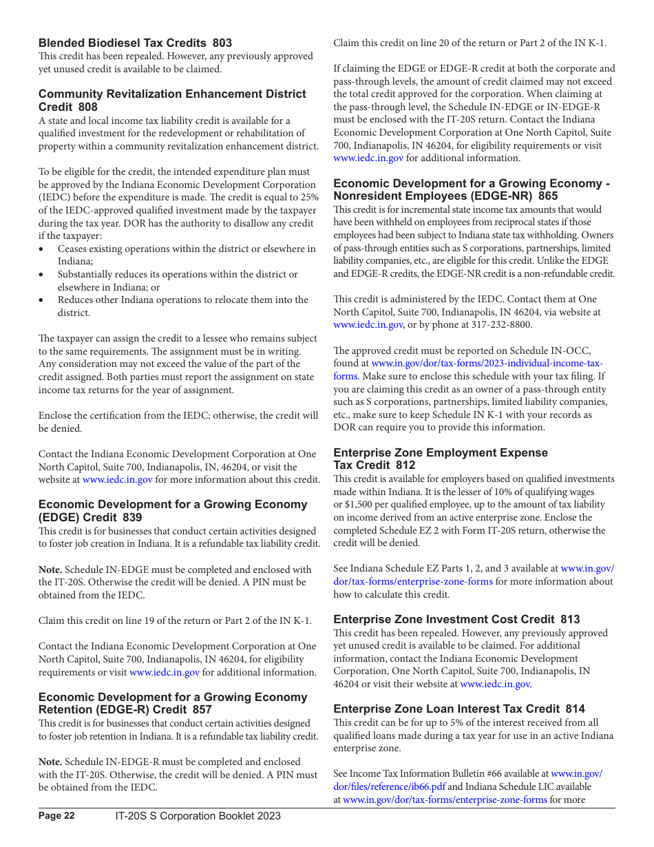 Download Instructions for Form IT-20S, State Form 10814 Indiana S ...