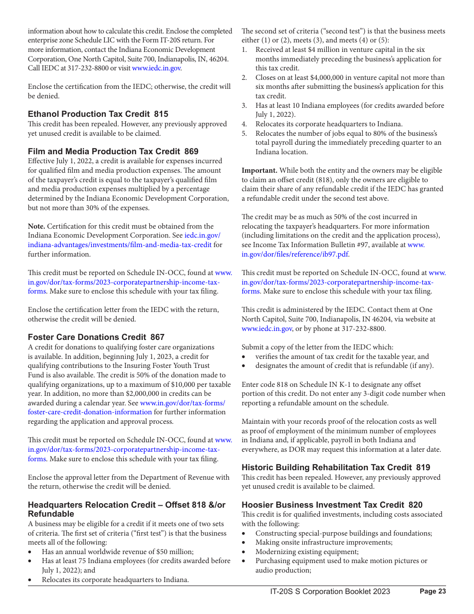Download Instructions for Form IT-20S, State Form 10814 Indiana S ...