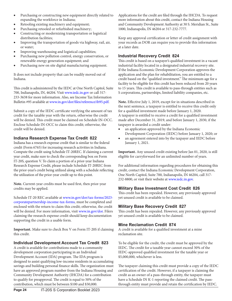 Download Instructions for Form IT-20S, State Form 10814 Indiana S ...