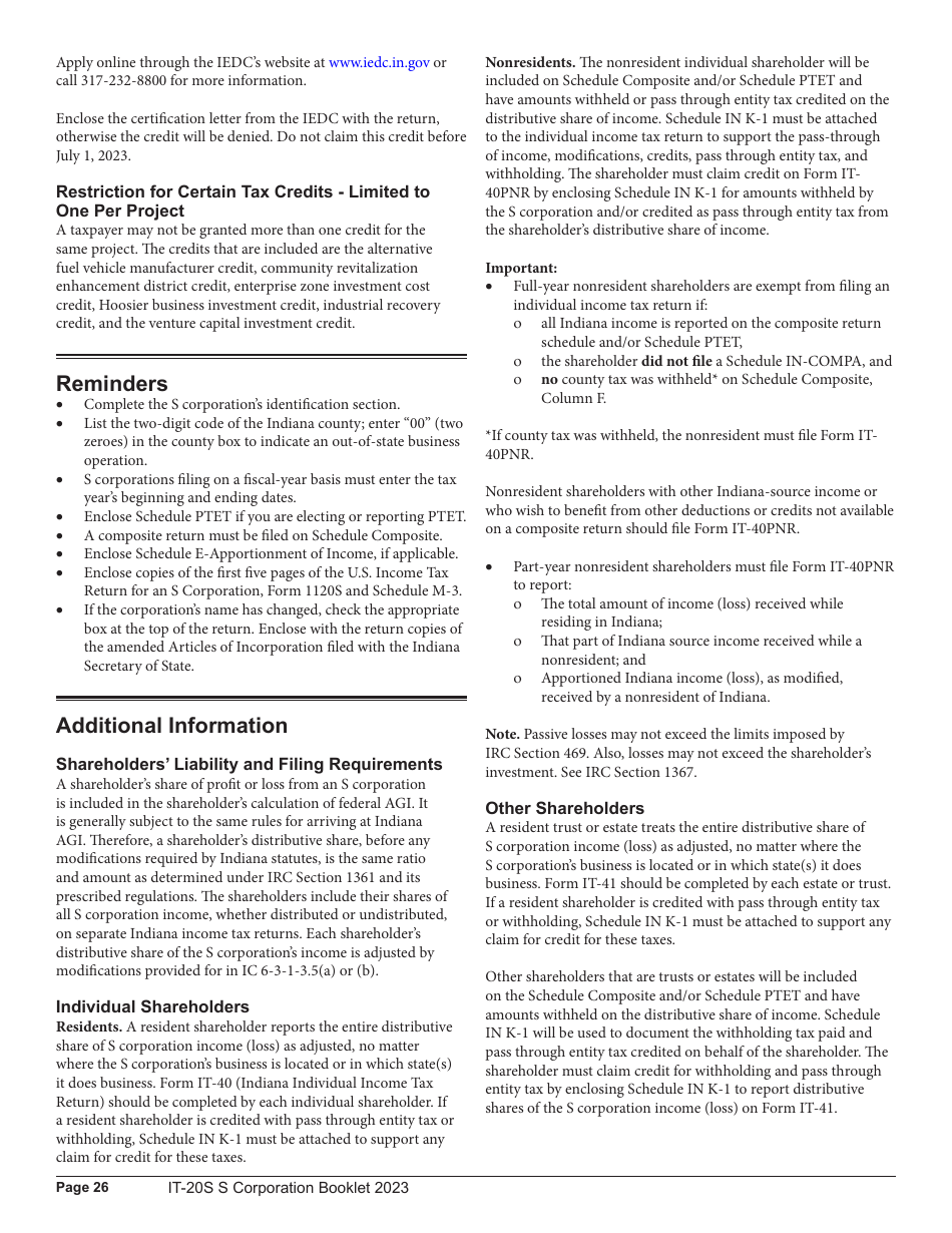 Download Instructions for Form IT-20S, State Form 10814 Indiana S ...