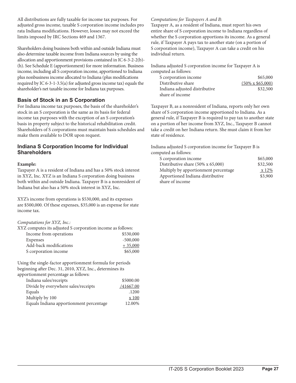 Download Instructions for Form IT-20S, State Form 10814 Indiana S ...