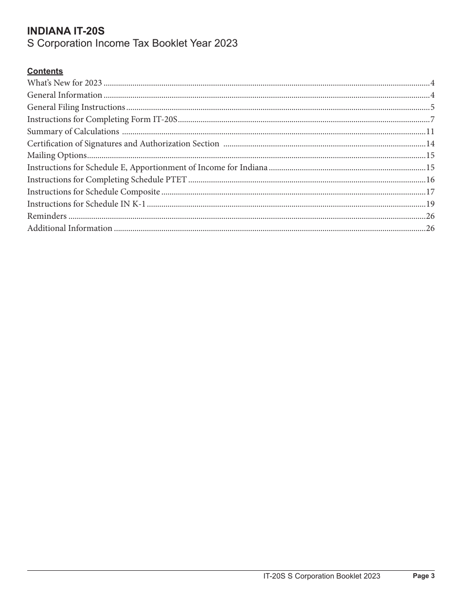 Download Instructions for Form IT-20S, State Form 10814 Indiana S ...