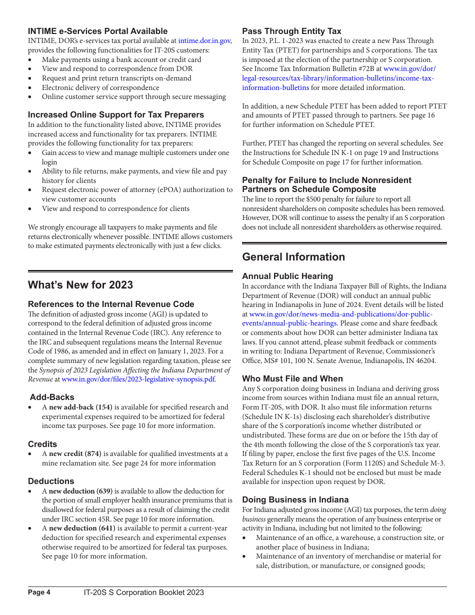 Download Instructions for Form IT-20S, State Form 10814 Indiana S ...