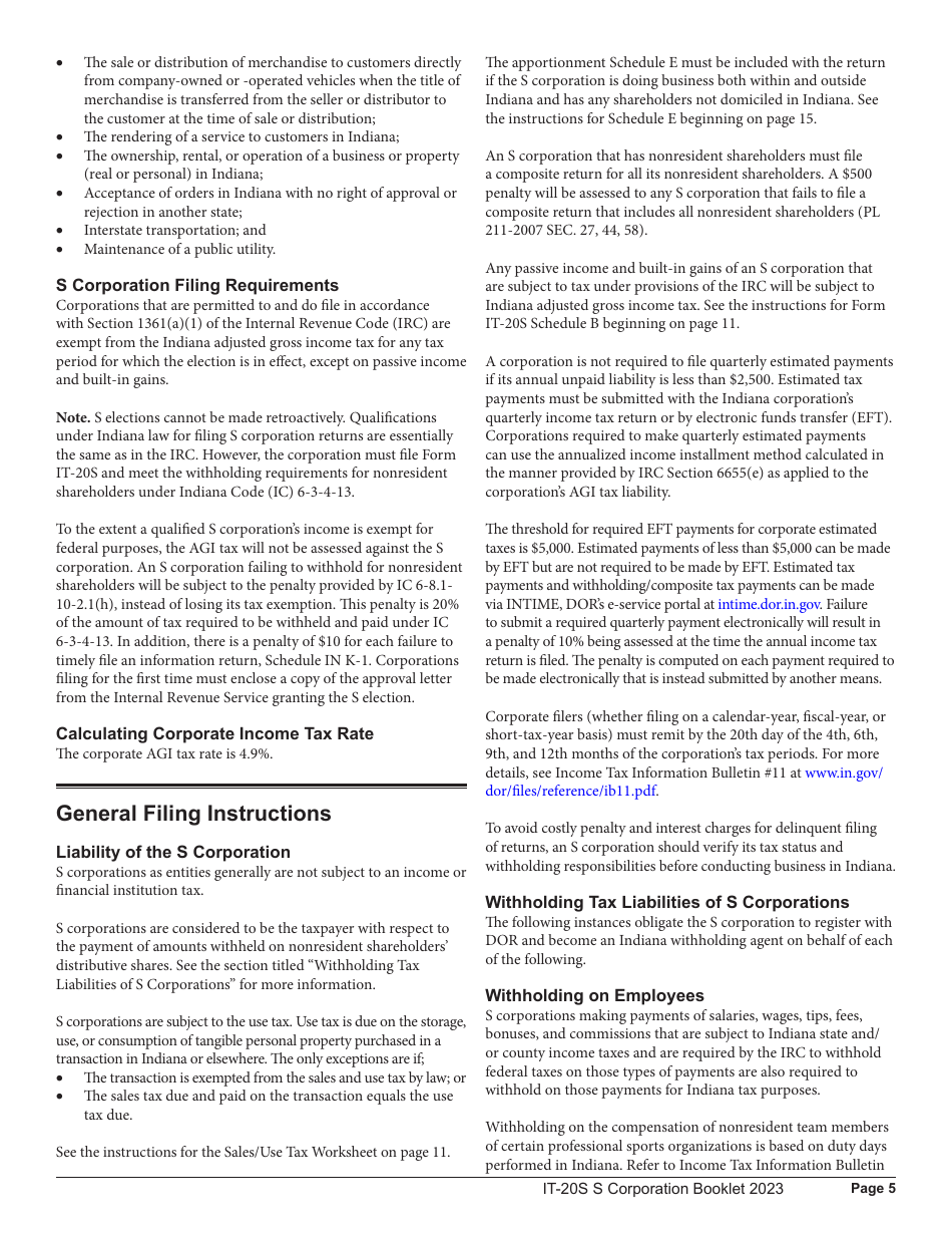 Download Instructions for Form IT-20S, State Form 10814 Indiana S ...