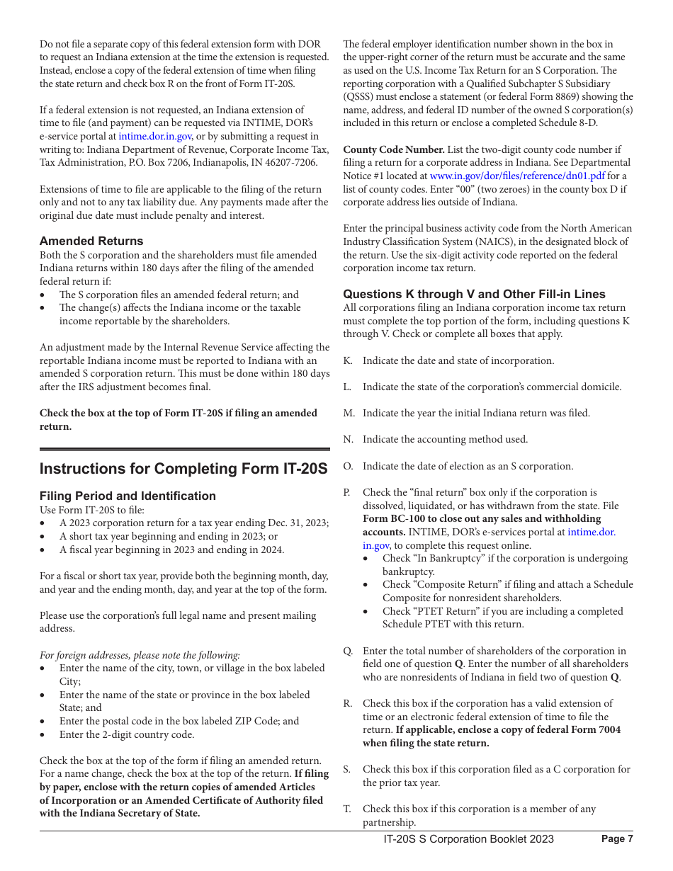 Download Instructions for Form IT-20S, State Form 10814 Indiana S ...