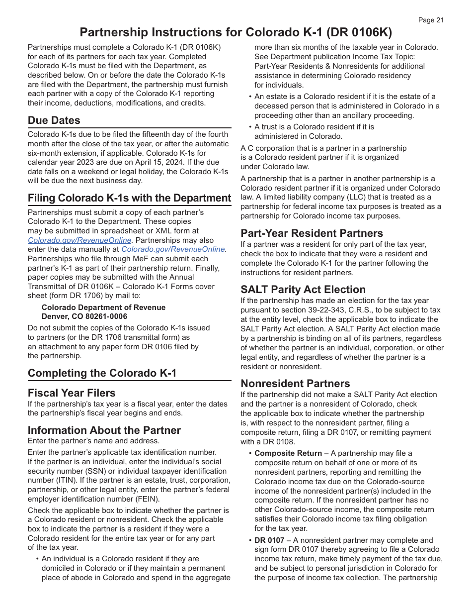 Form DR0106K Download Fillable PDF or Fill Online Colorado K-1 - 2023 ...