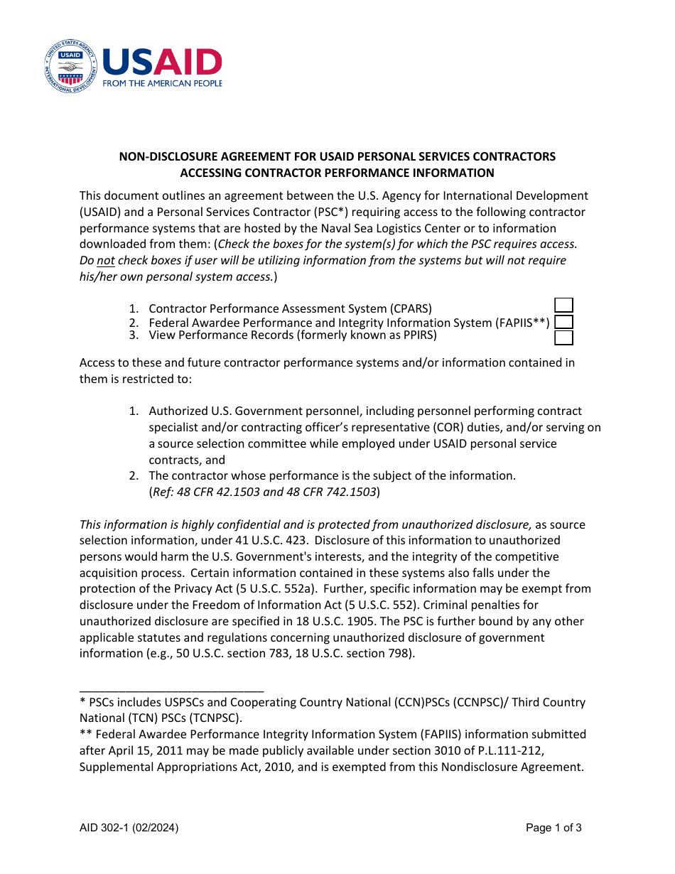 Form AID302-1 Download Fillable PDF or Fill Online Non-disclosure ...