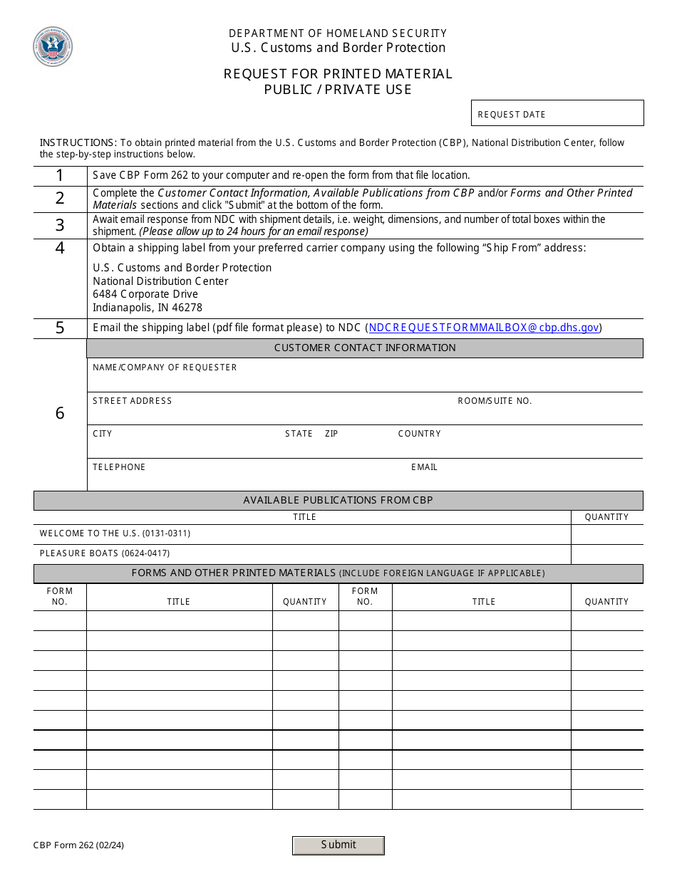 CBP Form 262 Download Fillable PDF or Fill Online Request for Printed ...
