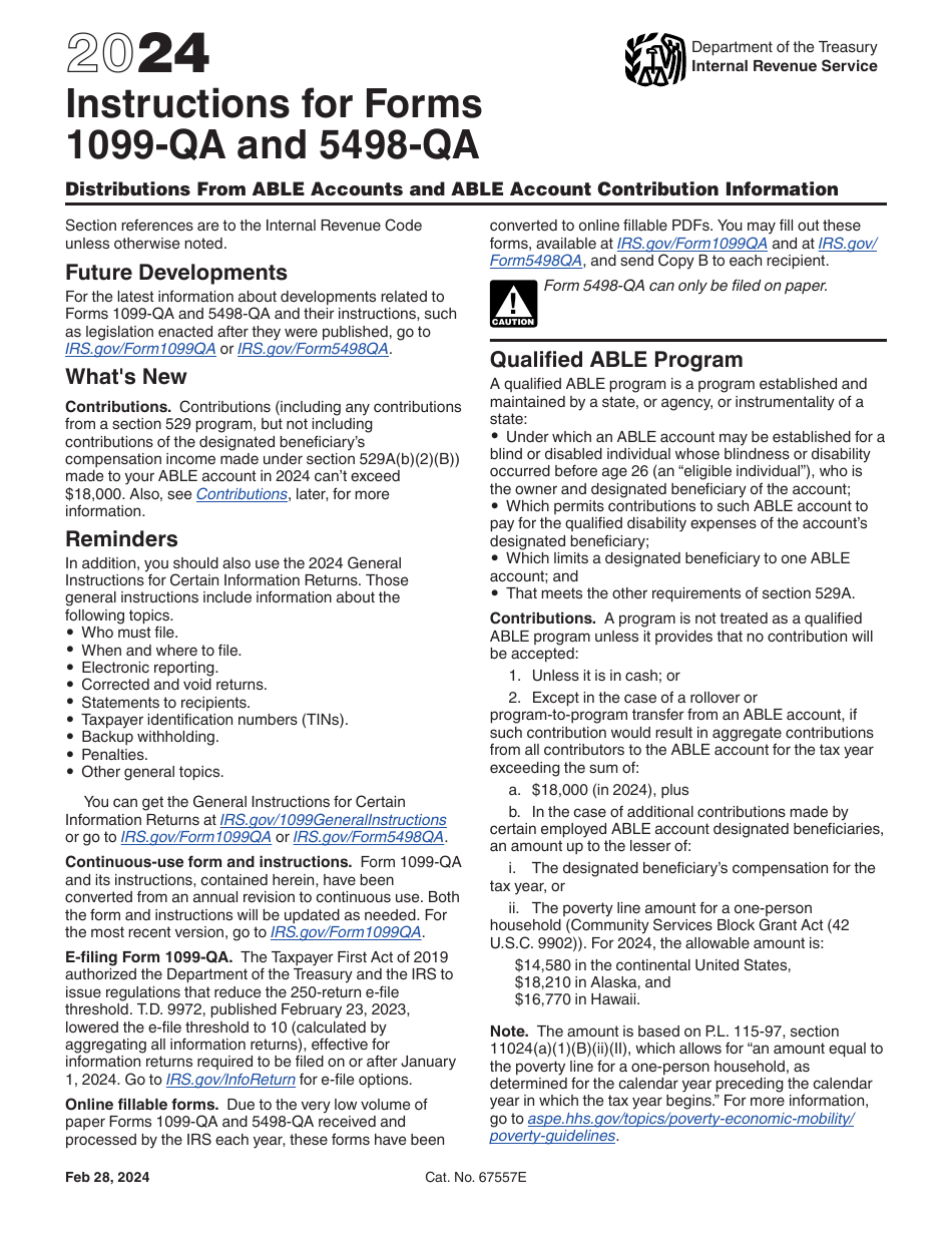 Download Instructions for IRS Form 1099-QA, 5498-QA PDF, 2024 ...