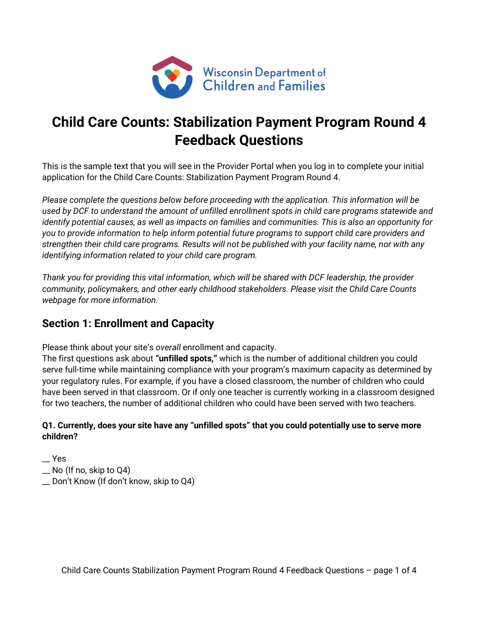Wisconsin Child Care Counts: Stabilization Payment Program Round 4 ...