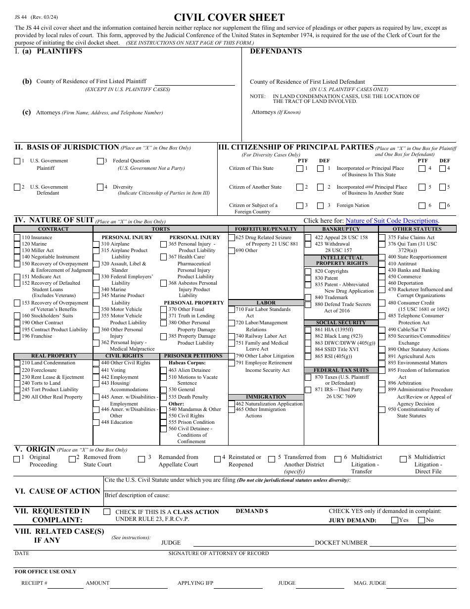 Form JS44 Download Fillable PDF or Fill Online Civil Cover Sheet ...