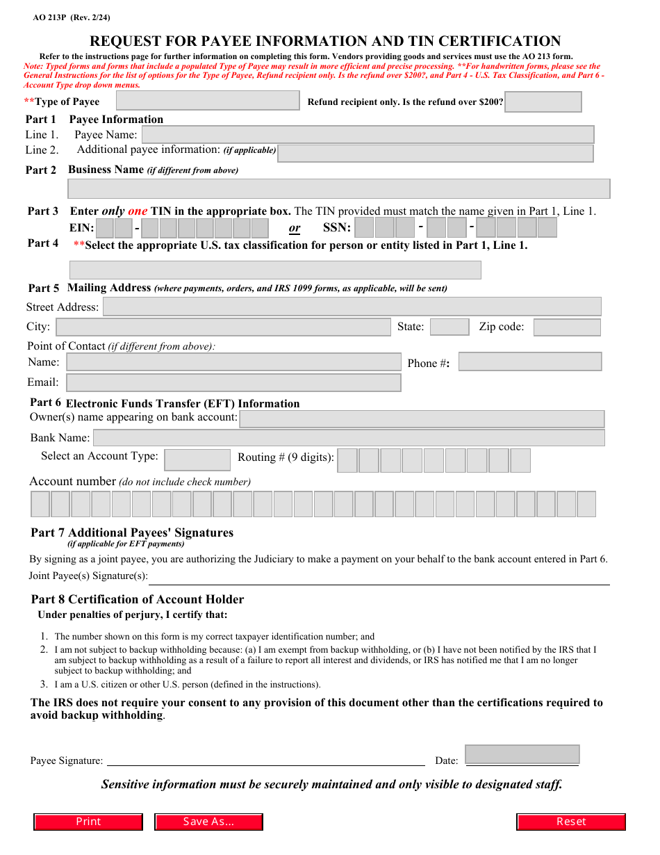 Form AO213P Download Fillable PDF or Fill Online Request for Payee Information and Tin ...