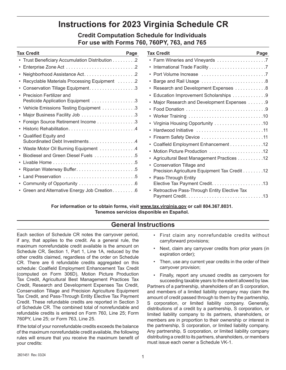 Download Instructions for Schedule CR Credit Computation Schedule PDF ...
