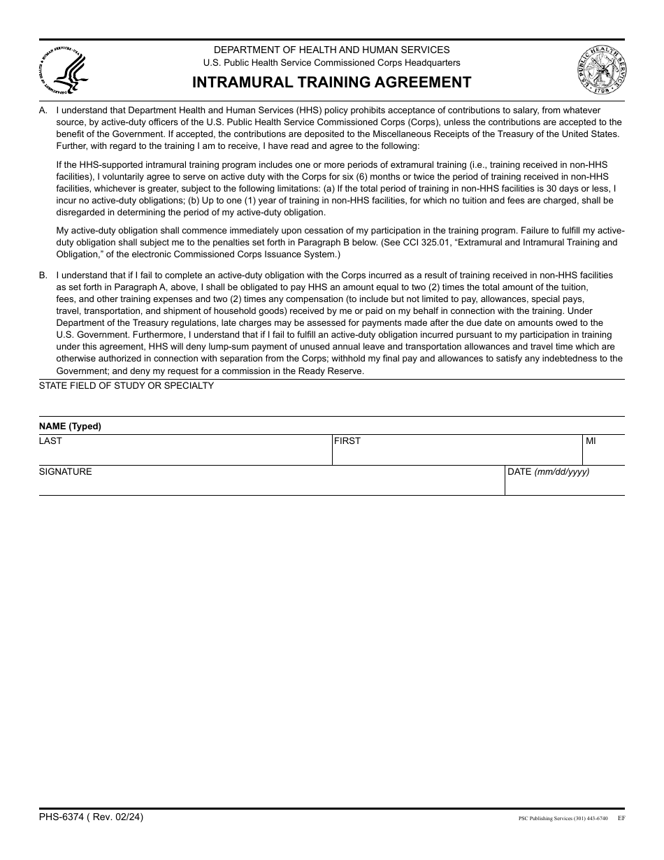 Form PHS-6374 Download Fillable PDF or Fill Online Intramural Training ...