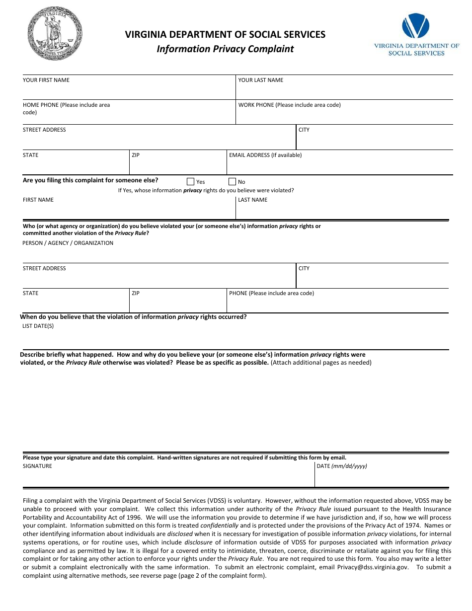 Virginia Information Privacy Complaint Download Fillable PDF ...