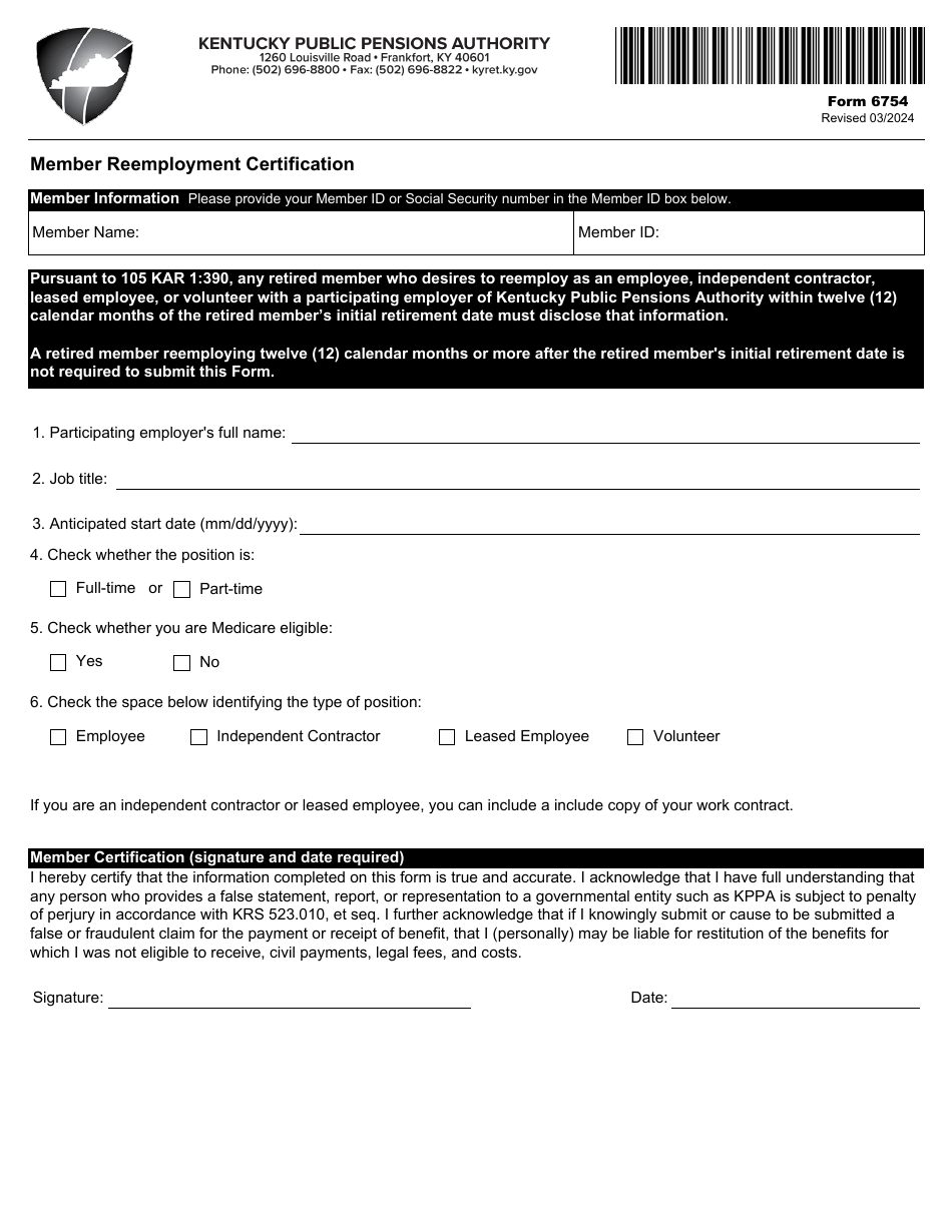 Form 6754 Download Fillable PDF or Fill Online Member Reemployment ...