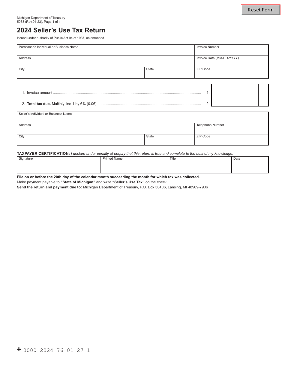 Form 5088 Download Fillable PDF or Fill Online Seller's Use Tax Return - 2024, Michigan ...