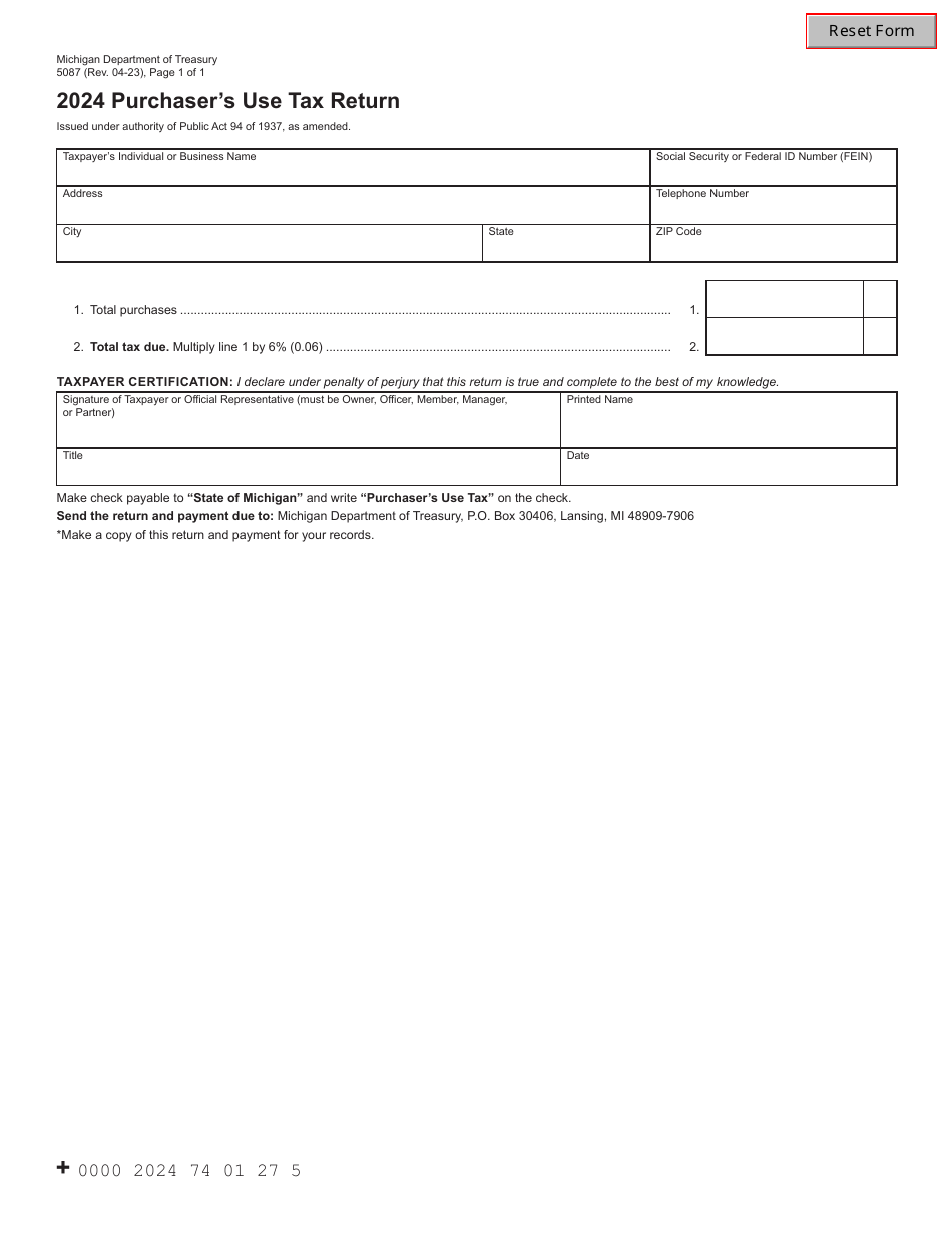 Form 5087 Download Fillable PDF or Fill Online Purchaser's Use Tax ...