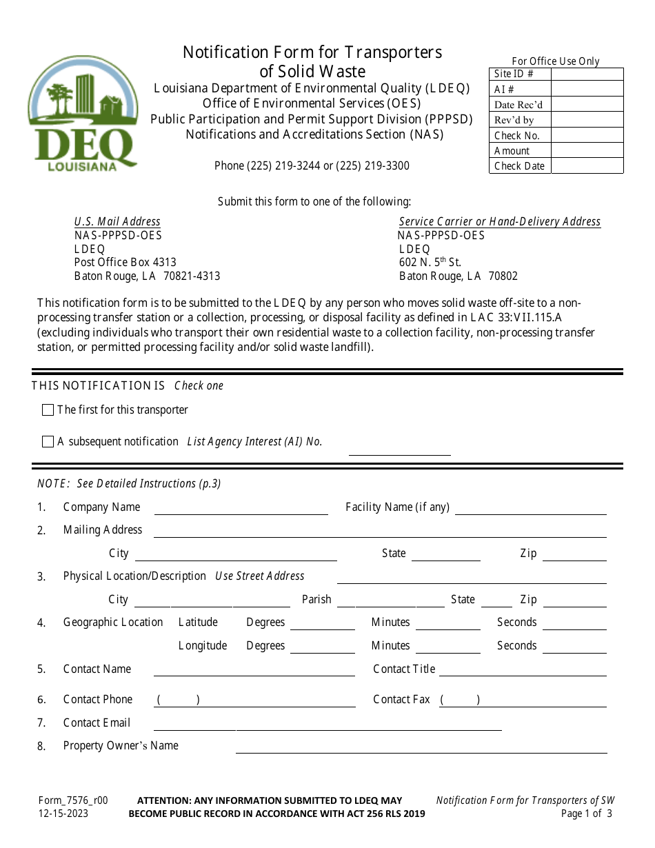 Form 7576 - Fill Out, Sign Online and Download Printable PDF, Louisiana | Templateroller